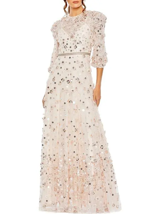 Mac Duggal Floral Applique Puff Sleeve A-line Gown - Blush