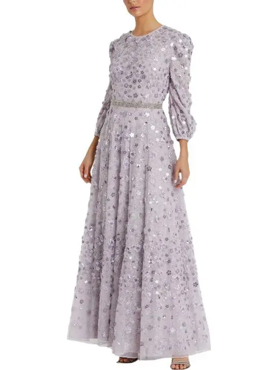 Mac Duggal Floral Applique Puff Sleeve A-line Gown - Lavender