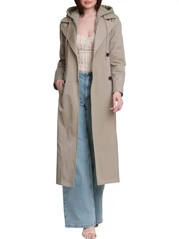 Avec Les Filles Maxi Trench Coat With Quilted Bib Hoodie - Sage