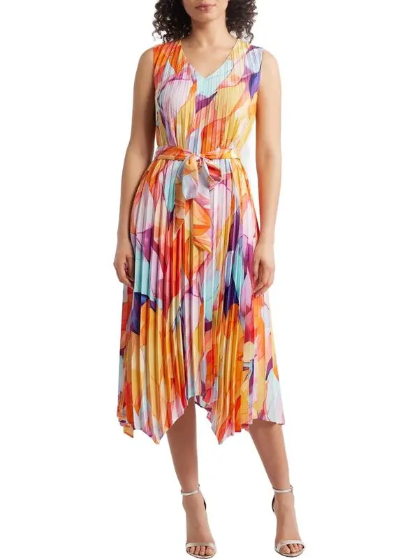 TAHARI ASL Abstract Print Pleated Midi Dress - Orange Multi