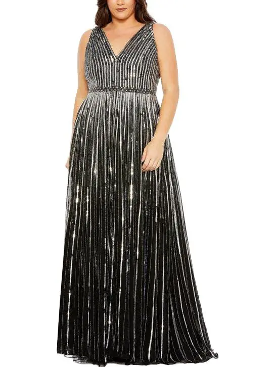 Mac Duggal Sequined Striped Sleeveless V-neck A-line Gown - Black Silver