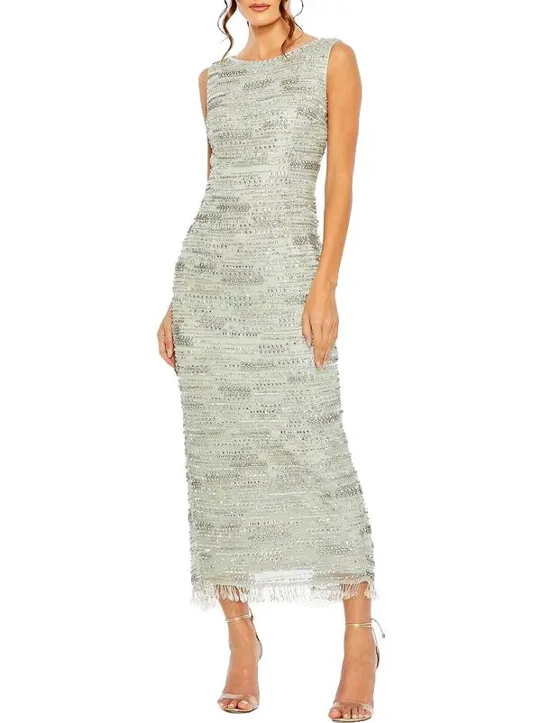 Mac Duggal Sleeveless Crystal Fringe Column Gown - Sage