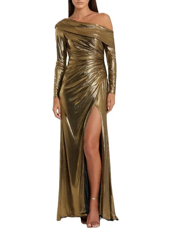 Mac Duggal Long Sleeve Off-the-shoulder Metallic Gown - Antique Gold