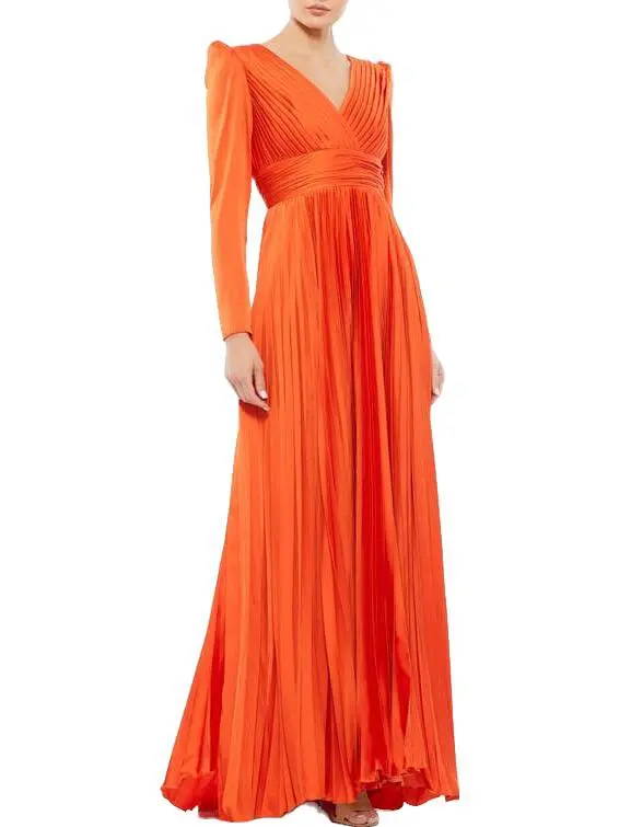 Mac Duggal Faux Wrap Long Sleeve Pleated Satin Gown - Sunset