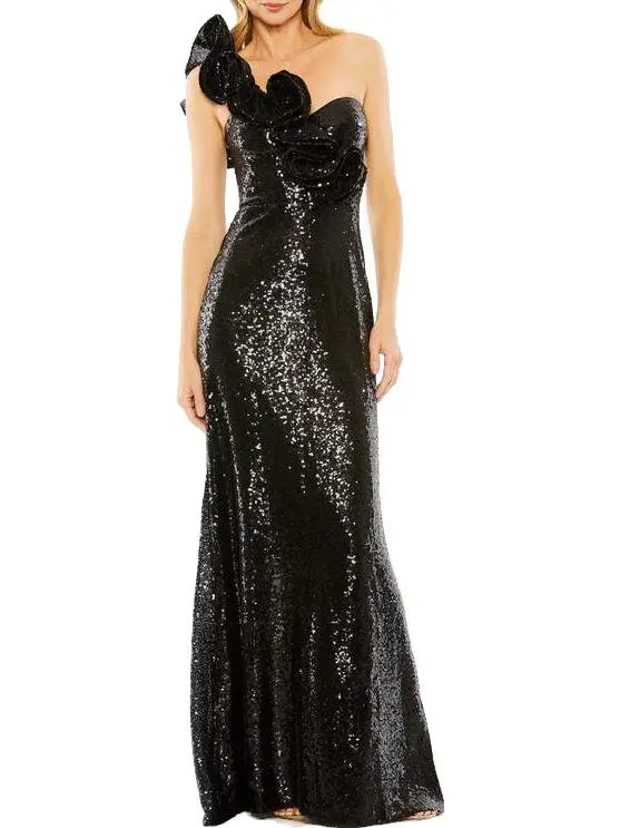 Mac Duggal Sequin Ruffled One Shoulder Gown - Black