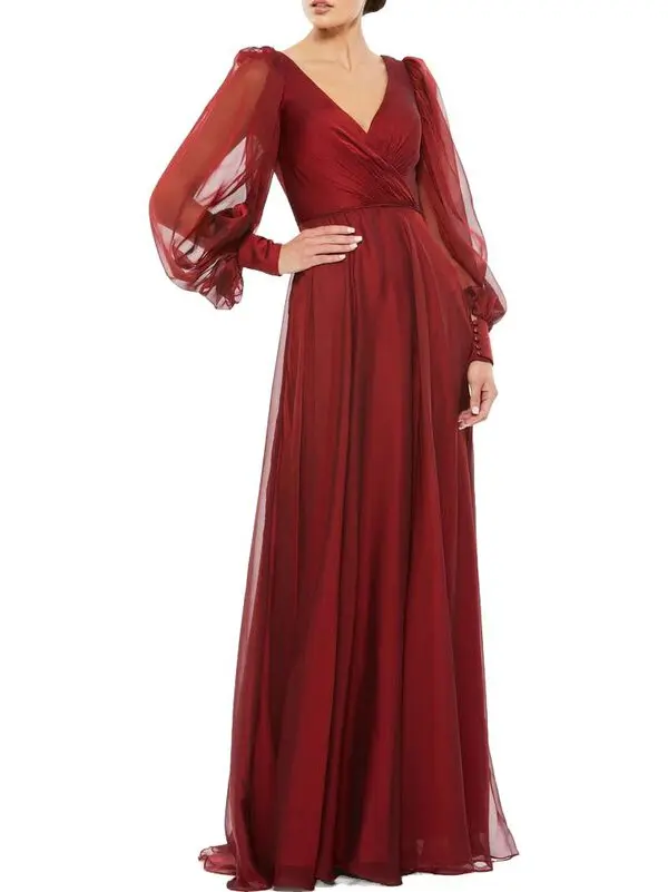 Mac Duggal Sheer Blouson Sleeve Surplice Gown - Garnet