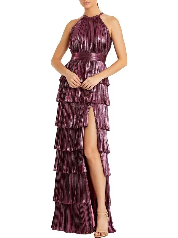 Mac Duggal High Neck Pleated Tiered Ruffle Metallic Gown - Rose