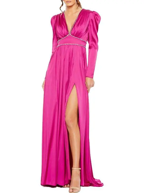 Mac Duggal Rhinestone Trim Long Puff Sleeve Satin Gown - Magenta