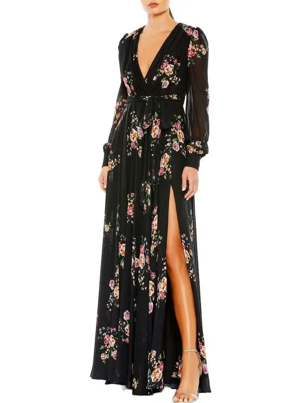Mac Duggal Belted Floral Print Illusion Long Sleeve Gown - Black Multi