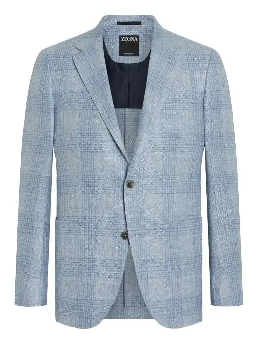 Zegna Crossover Plaid Linen Sport Coat - Blue Ckeck