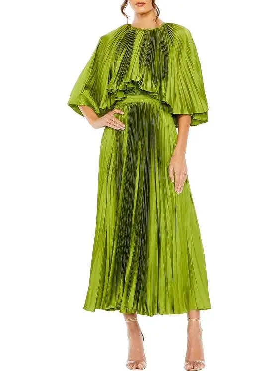 Mac Duggal Pleated Capelet Tea-length Dress - Apple Green