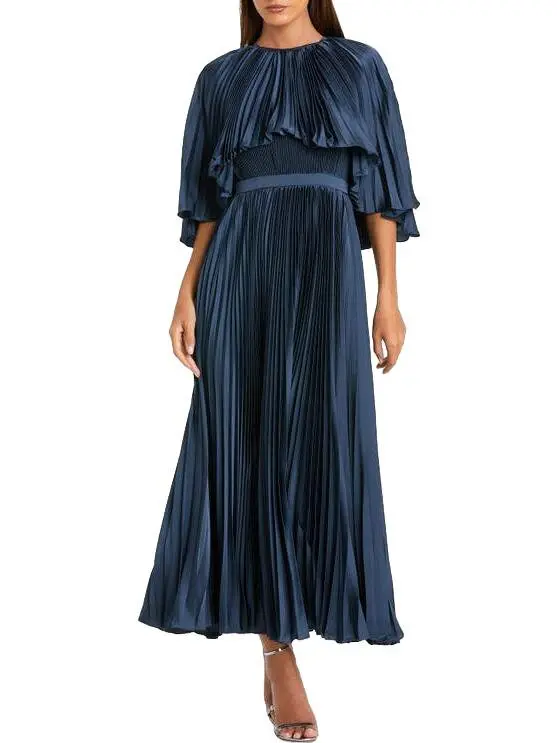 Mac Duggal Pleated Capelet Tea-length Dress - Midnight