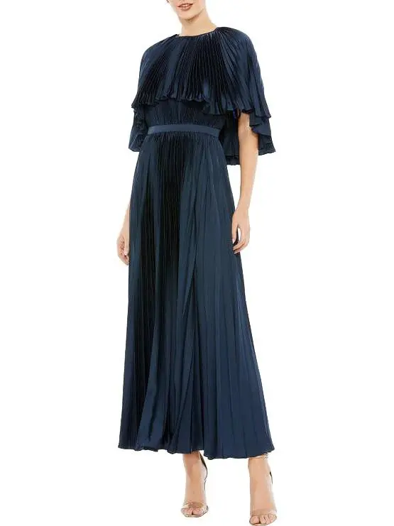 Mac Duggal Pleated Capelet Tea-length Dress - Midnight