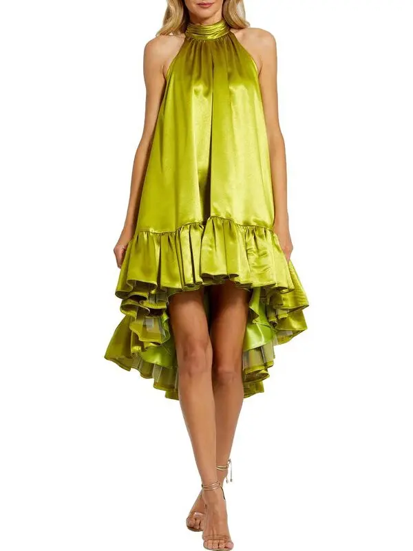 Mac Duggal Keyhole High Neck Satin Ruffle Hem Mini Dress - Apple Green