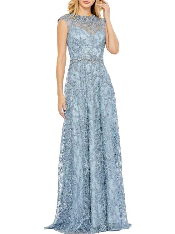 Mac Duggal Lace Embellished Cap Sleeve Gown - Slate Blue