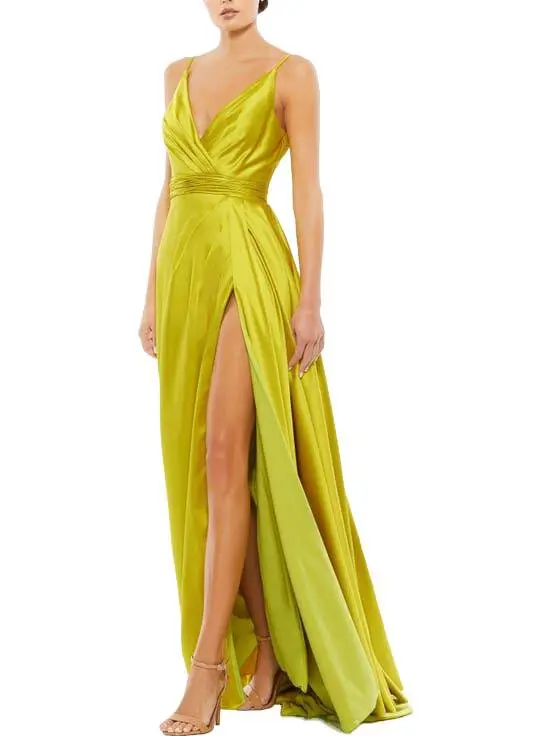 Mac Duggal Sleeveless Faux Wrap Draped Gown - Chartreuse