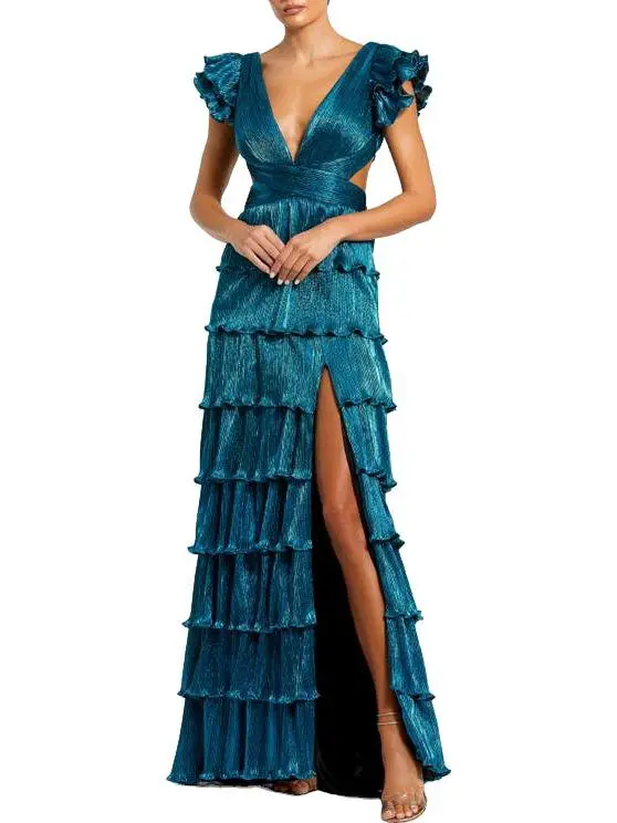 Mac Duggal Ruffle Tiered Lace-up Gown - Blue