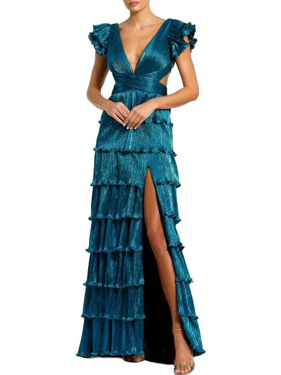 Mac Duggal Ruffle Tiered Lace-up Gown - Blue