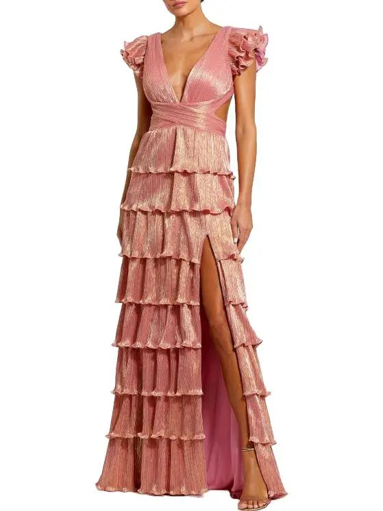 Mac Duggal Ruffle Tiered Lace-up Gown - Coral