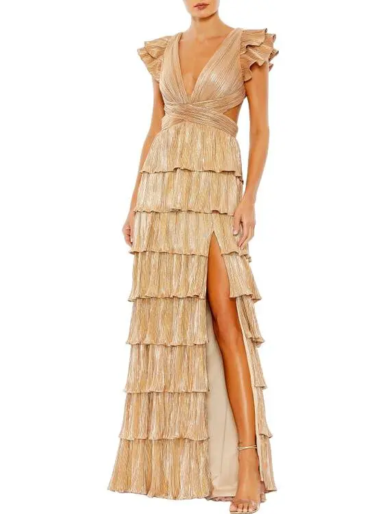 Mac Duggal Ruffle Tiered Lace-up Gown - Gold