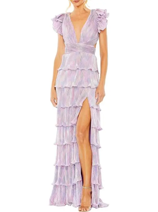 Mac Duggal Ruffle Tiered Lace-up Gown - Purple Multi