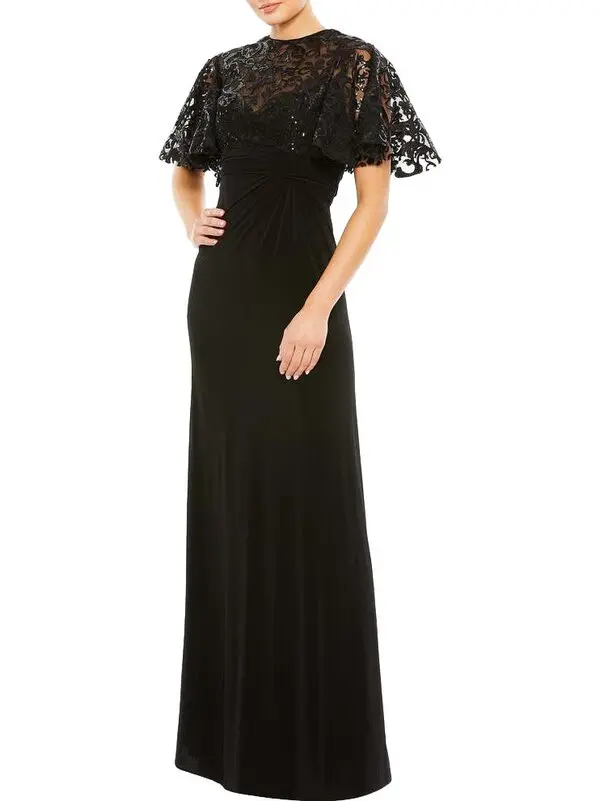 Mac Duggal Embellished Butterfly Cape Sleeve Jersey Gown - Black