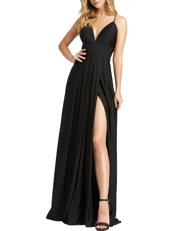 Mac Duggal Plunge Neck Gown With High Slit - Black