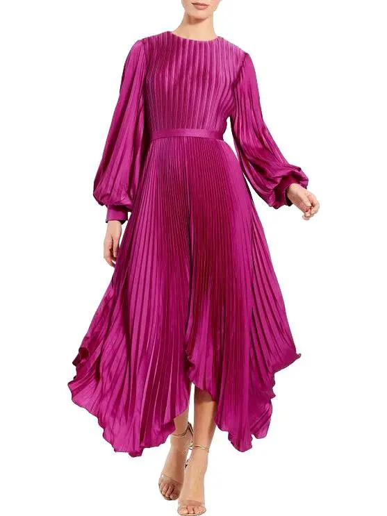Mac Duggal Long Sleeve Pleated Charmeuse Midi Dress - Fuchsia