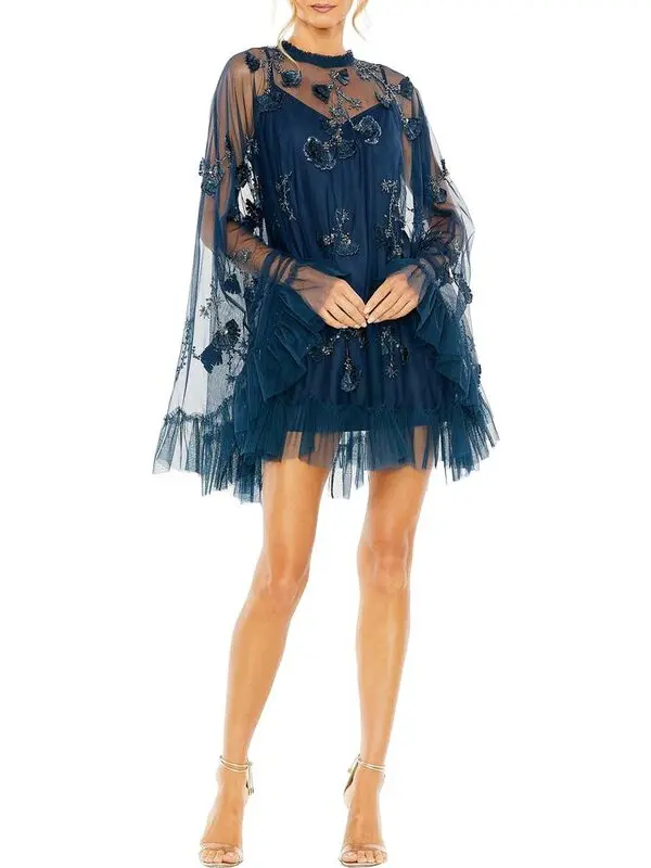 Mac Duggal Embellished Long Sleeve Trapeze Mini Dress With Ruffle Hem - Twilight