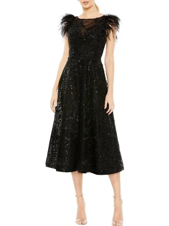 Mac Duggal Feather Shoulder Embellished Dress - Black
