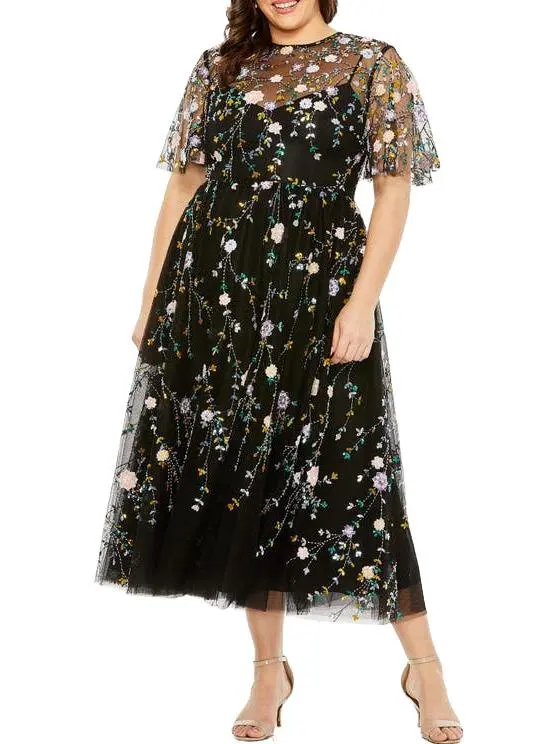 Mac Duggal Embellished Sequin Flutter Sleeve Illusion High Neck Midi Dress - Black Multi
