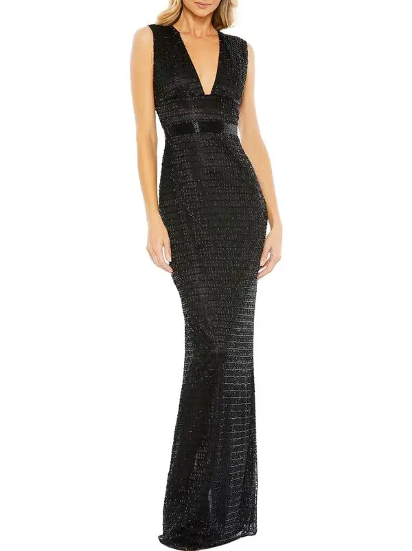Mac Duggal Beaded Column Gown With V-neckline - Black
