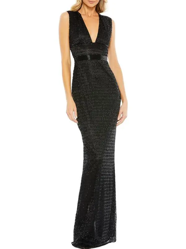 Mac Duggal Beaded V-neck Column Gown - Black
