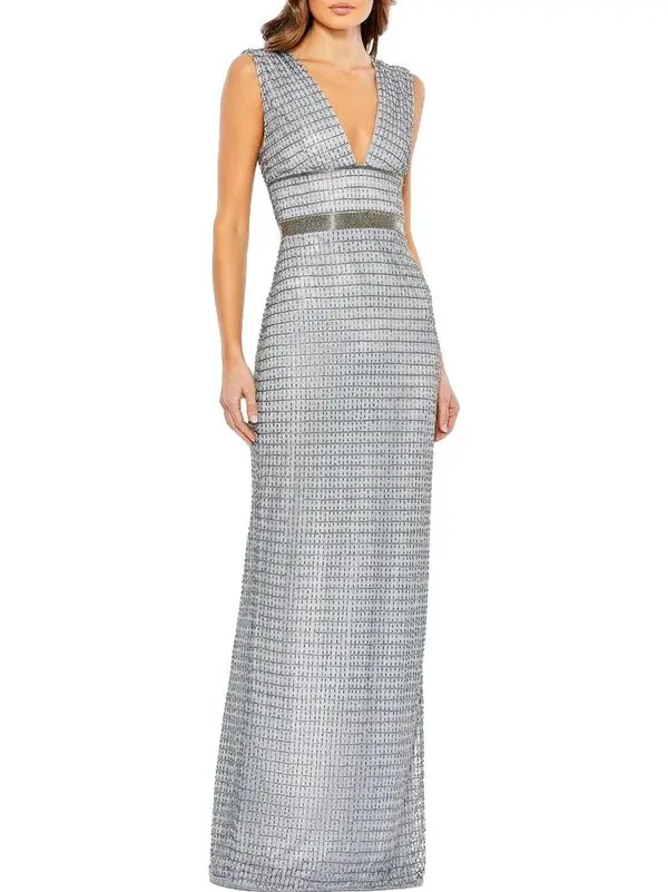 Mac Duggal Beaded V-neck Column Gown - Silver