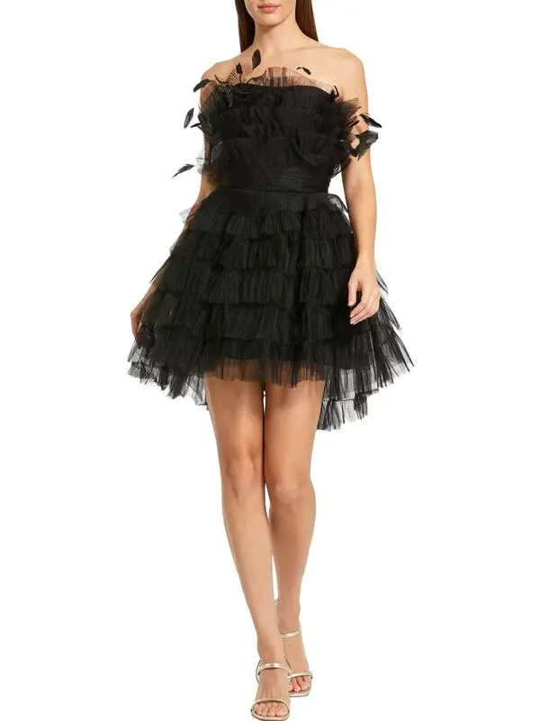 Mac Duggal Feathered Strapless Tulle Fit-and-flare Dress - Black