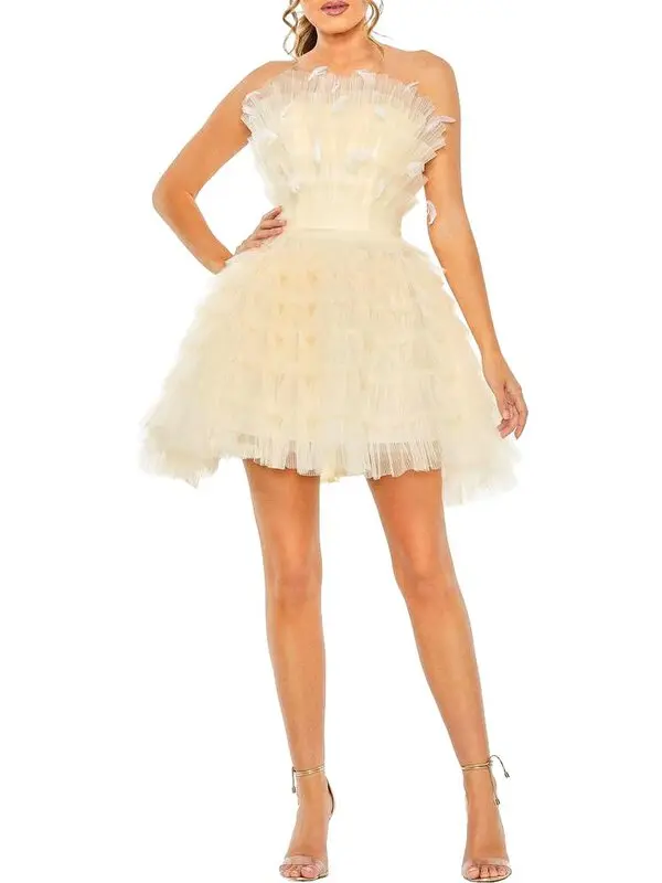 Mac Duggal Feathered Strapless Tulle Fit-and-flare Dress - Ivory