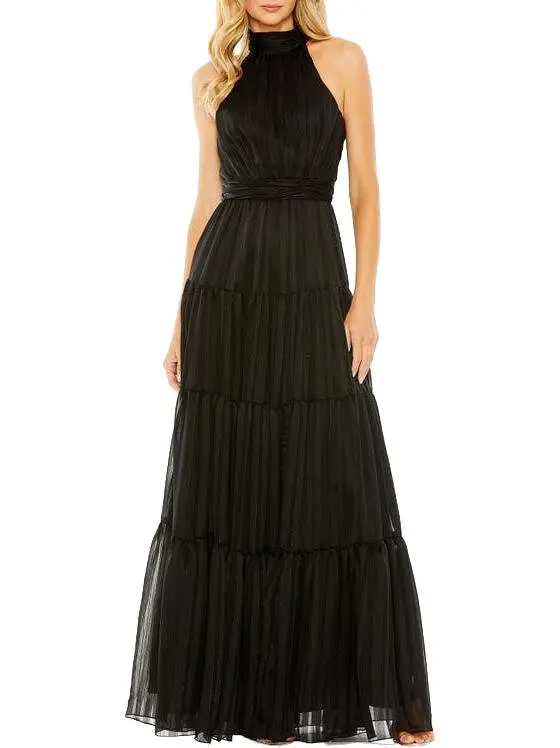 Mac Duggal Pleated Bodice Tiered Halter Gown - Black