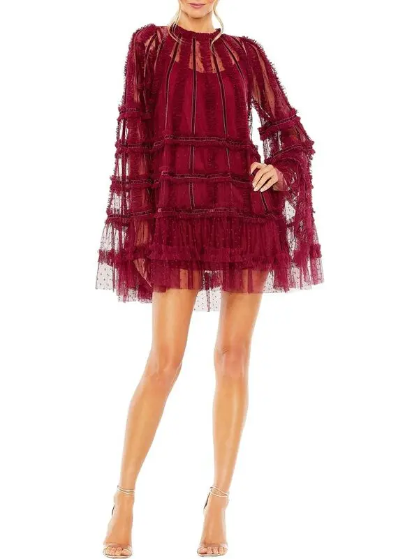 Mac Duggal High Neck Ruffle Bell Sleeve Trapeze Dress - Crimson
