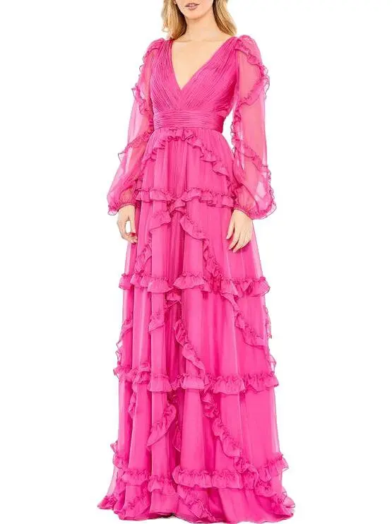 Mac Duggal Cascaded Ruffle Puff Sleeve A-line Gown - Fuchsia