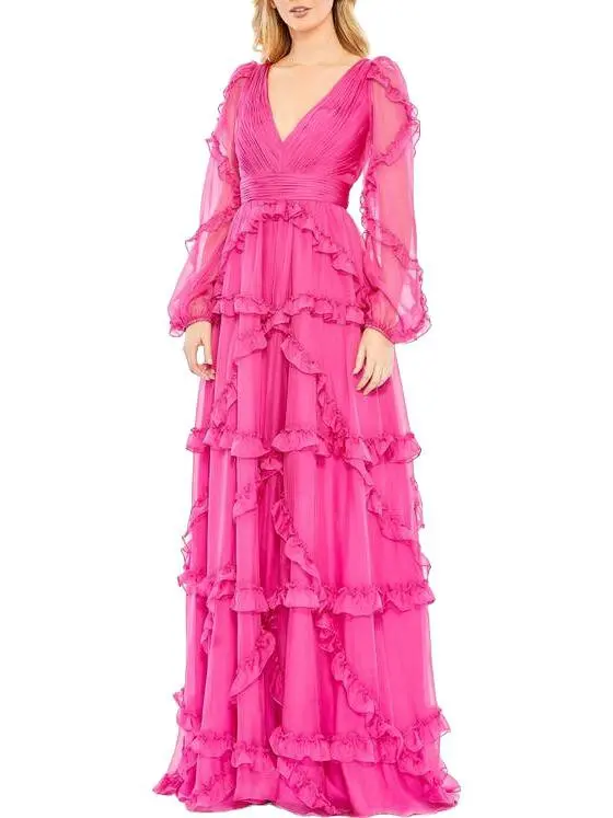Mac Duggal Cascaded Ruffle Puff Sleeve A-line Gown - Fuchsia