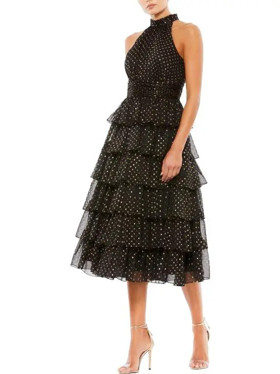 Mac Duggal Layered Polka Dot Halter Cocktail Dress - Black Gold