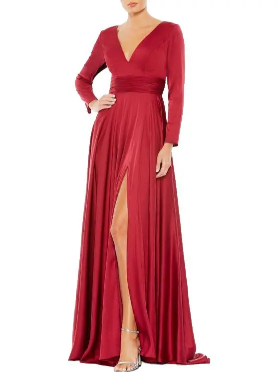 Mac Duggal Long Sleeve A-line Gown - Wine