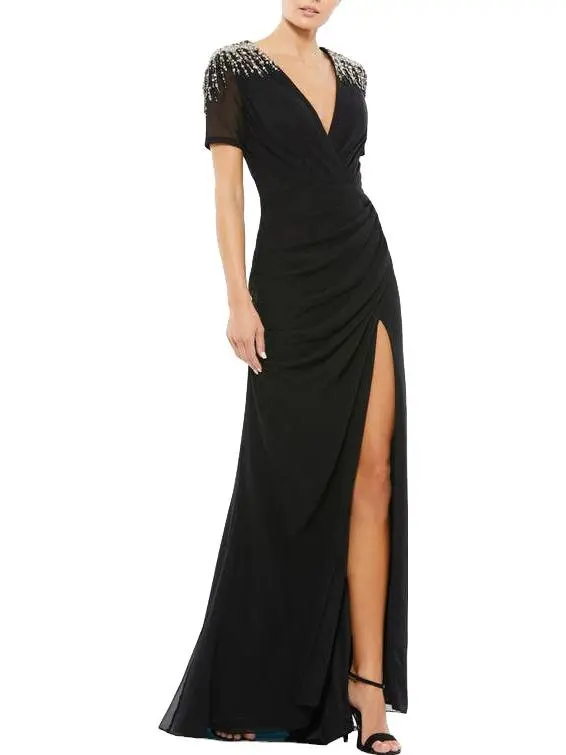 Mac Duggal Sequined Embellished Shoulder Evening Gown - Black