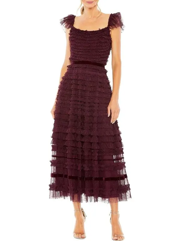 Mac Duggal Ruffle Cap Sleeve Embellished Tiered Midi Dress - Amethyst