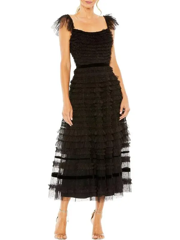 Mac Duggal Ruffle Cap Sleeve Embellished Tiered Midi Dress - Black