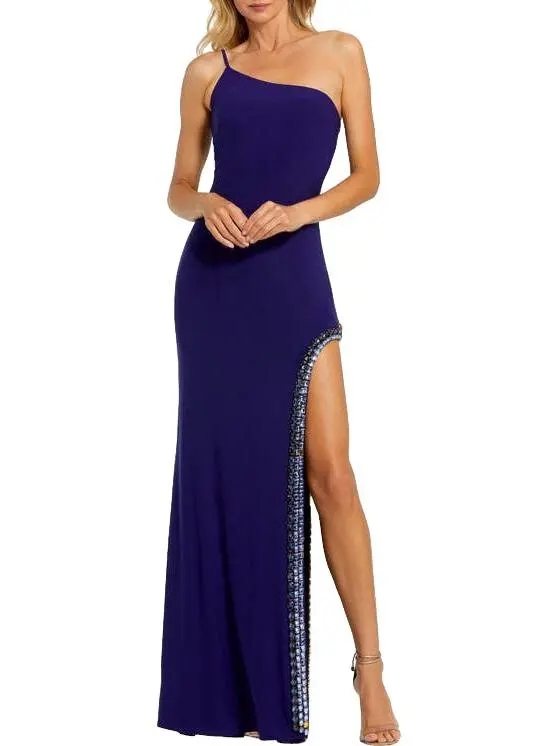 Mac Duggal Asymmetrical One-shoulder Embellished Jersey Gown - Indigo