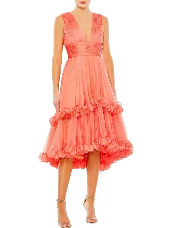 Mac Duggal Sleeveless Deep V-neck Ruffle Tiered Chiffon Dress - Coral