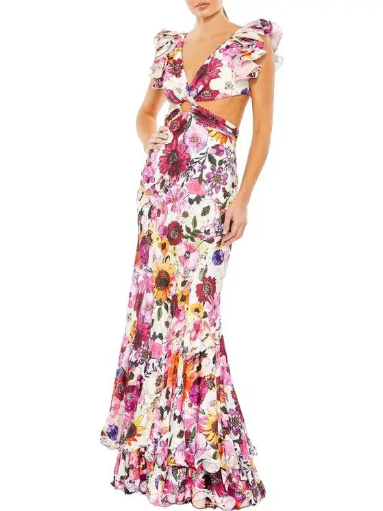 Mac Duggal Floral Print Ruffle Shoulder Gown - White Multi