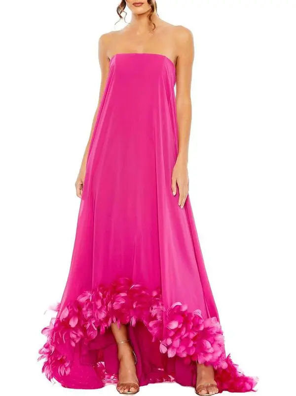 Mac Duggal Chiffon Strapless High-low Gown With Feather Hem - Fuchsia