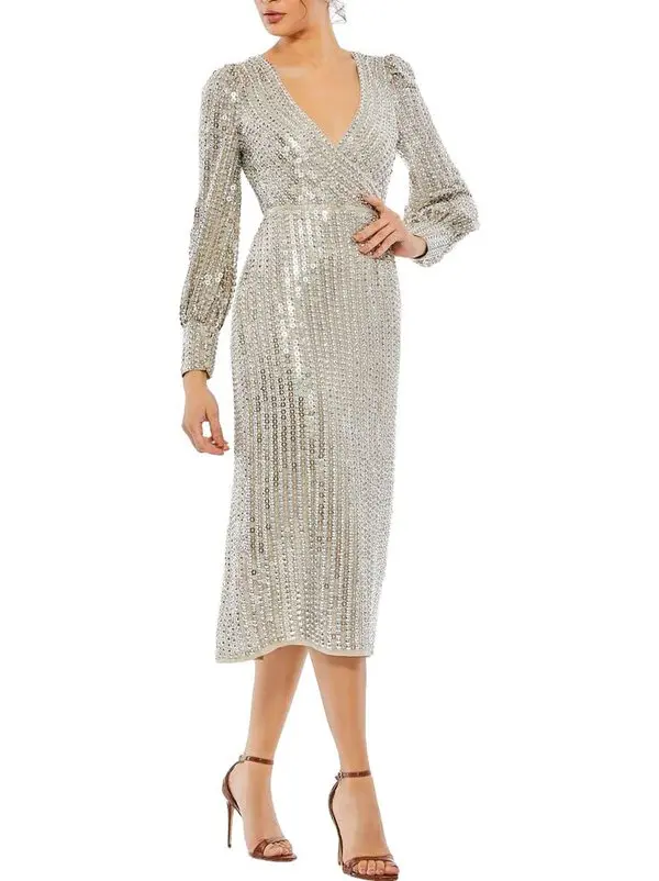 Mac Duggal Long Sleeve Sequined Midi Dress - Silver